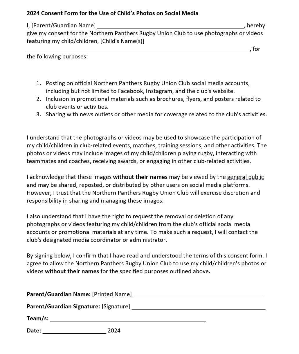 2024 Consent Form for the Use of Child’s Photos on Social Media